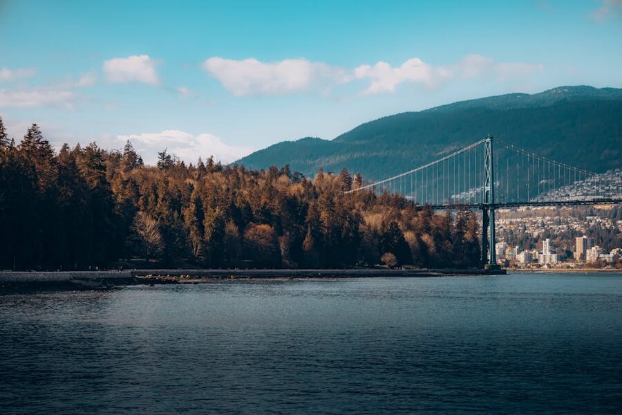 Lions Gate Bridge and Vancouver skyline from Stanley Park
