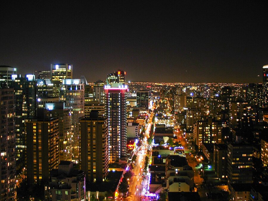 Robson Street at night in Vancouver