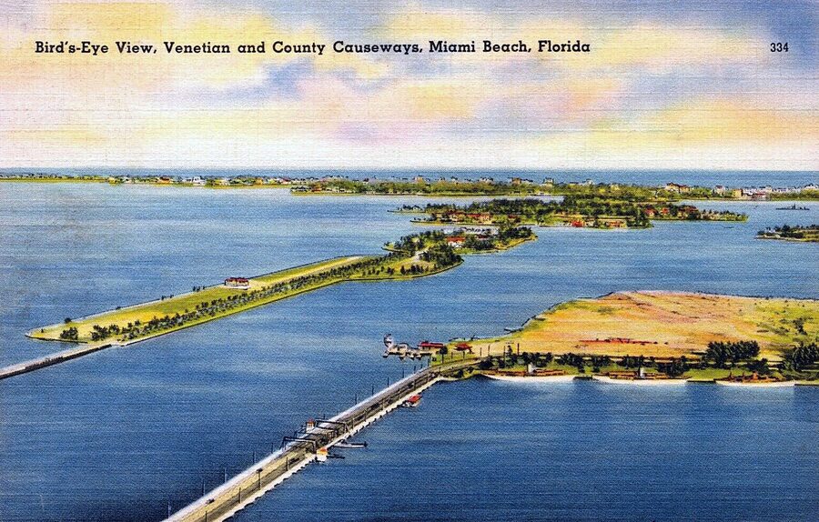 Vintage 1940 postcard showing the Venetian and County Causeways connecting Miami and Miami Beach