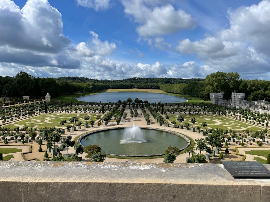 Aerial view of Versailles gardens with fountain on a sunny day
