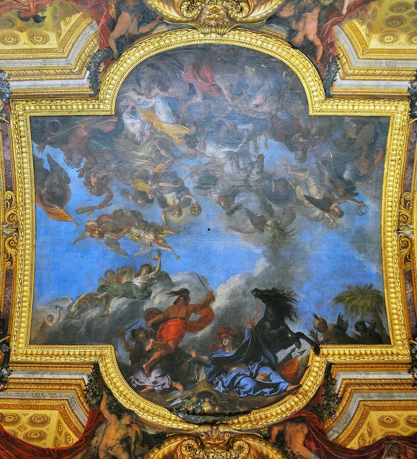 The ceiling of the Hall of Mirrors at Versailles painted by Charles Le Brun