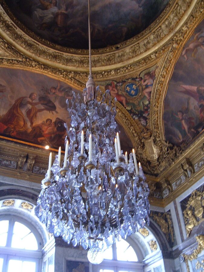 A chandelier in the Hall of Mirrors at the Palace of Versailles