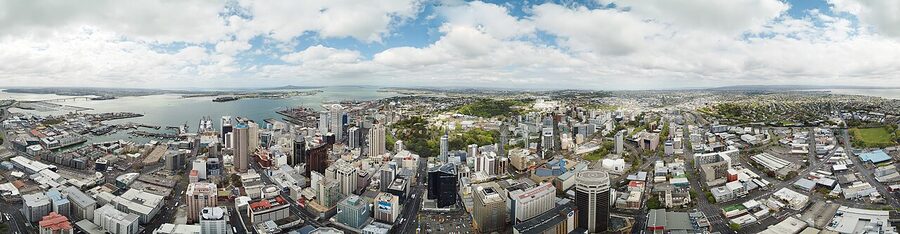 View of Auckland city and harbour from Sky Tower observation deck