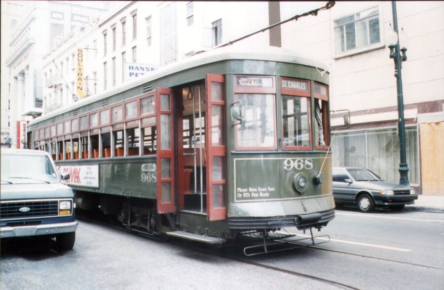 Vintage streetcar on St Charles Avenue in New Orleans