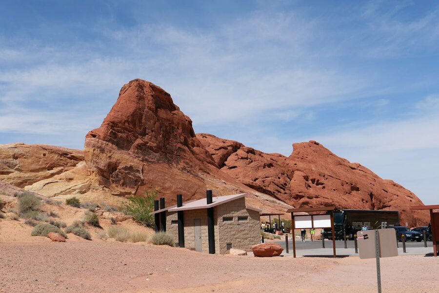 Red rock formations and park facilities at Valley of Fire State Park