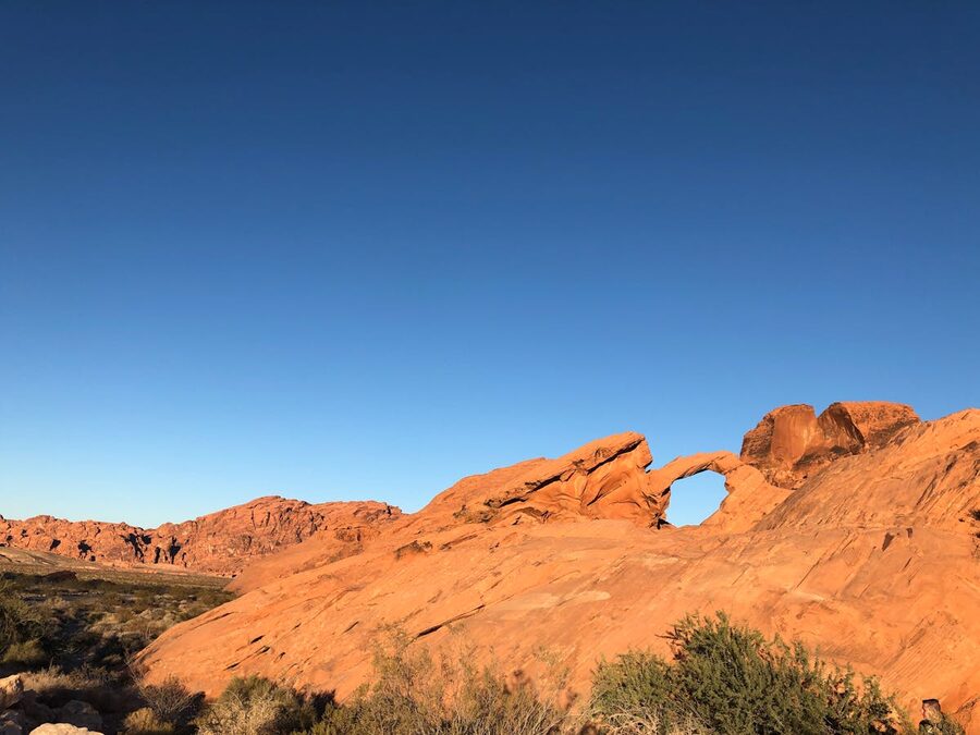 Red rock formations under clear blue sky in Valley of Fire Nevada