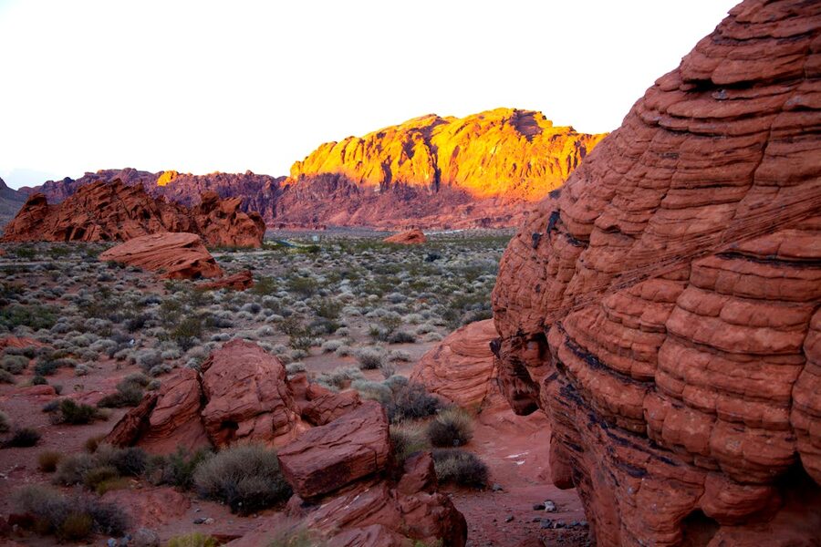 Sandstone formations at sunset in desert landscape Valley of Fire