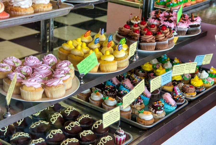 Colorful bakery cupcakes on display
