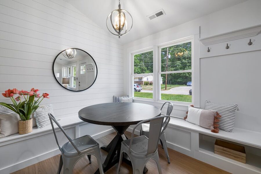 Modern farmhouse dining nook with natural light