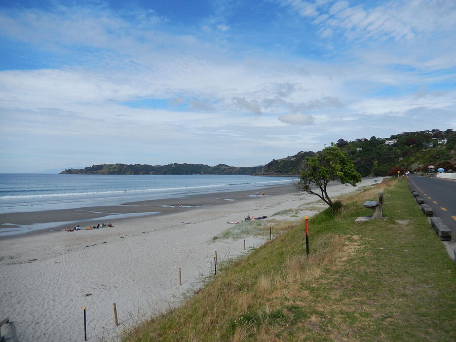 Onetangi Beach with The Strand road on Waiheke Island