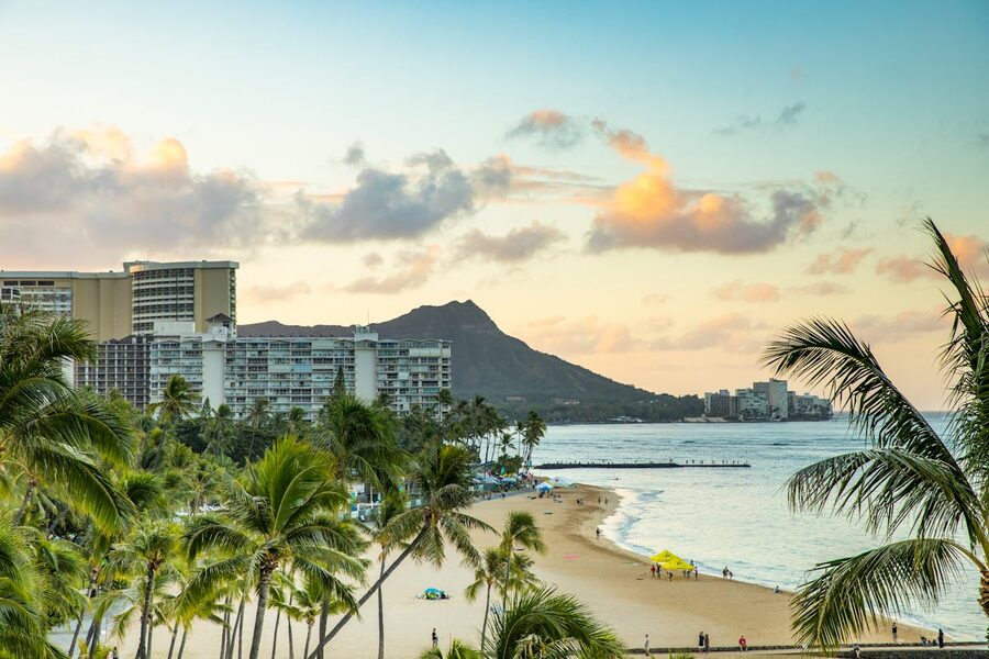 Serene view of Waikiki Beach and Diamond Head at sunset