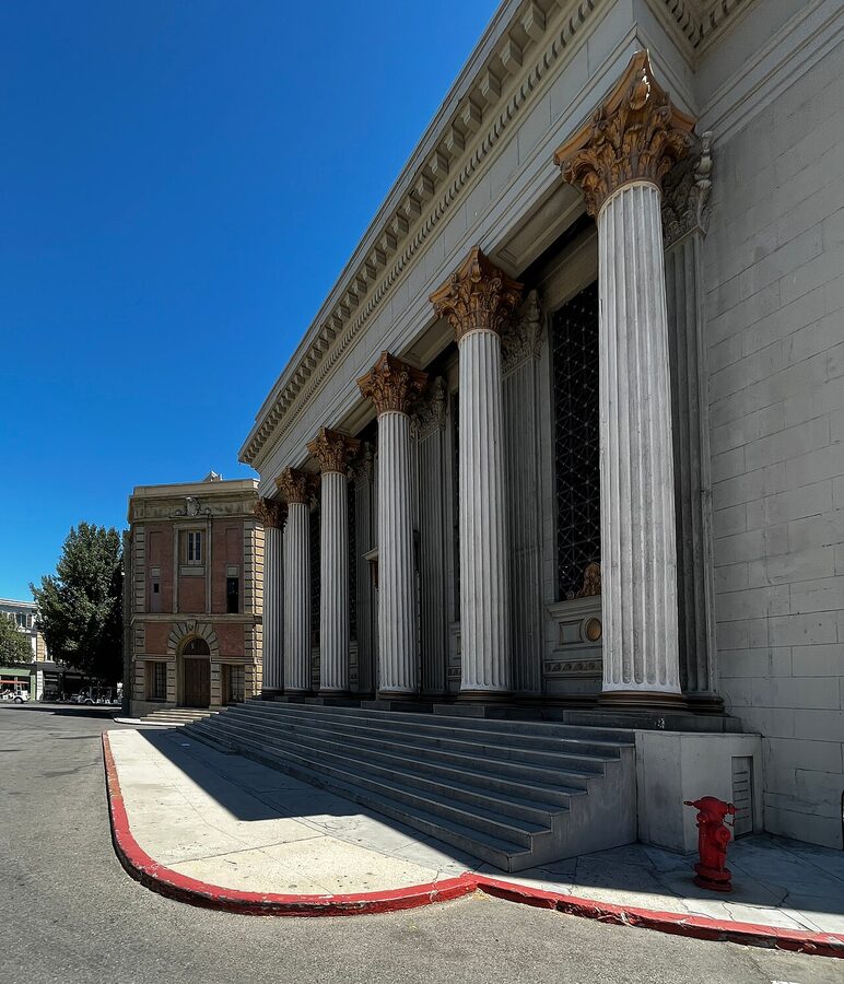 Warner Bros backlot street with film set building facades in Burbank