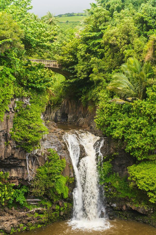 Tranquil waterfall in lush Hawaiian landscape