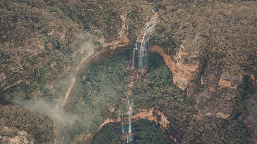 Drone shot of Wentworth Falls cascading in Blue Mountains