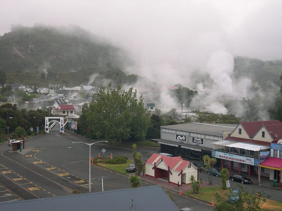 Aerial view of the Whakarewarewa geothermal area at Te Puia, Rotorua