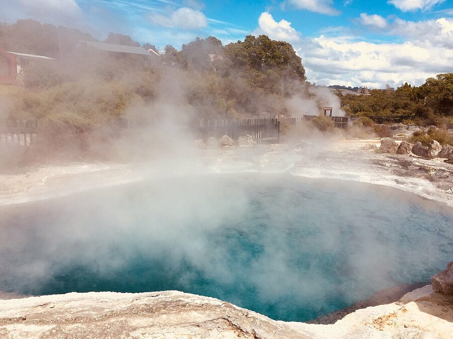 Bright blue thermal pool at Whakarewarewa, Te Puia, Rotorua