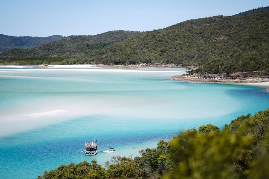 Aerial view of Whitehaven Beach with crystal clear water and lush greenery
