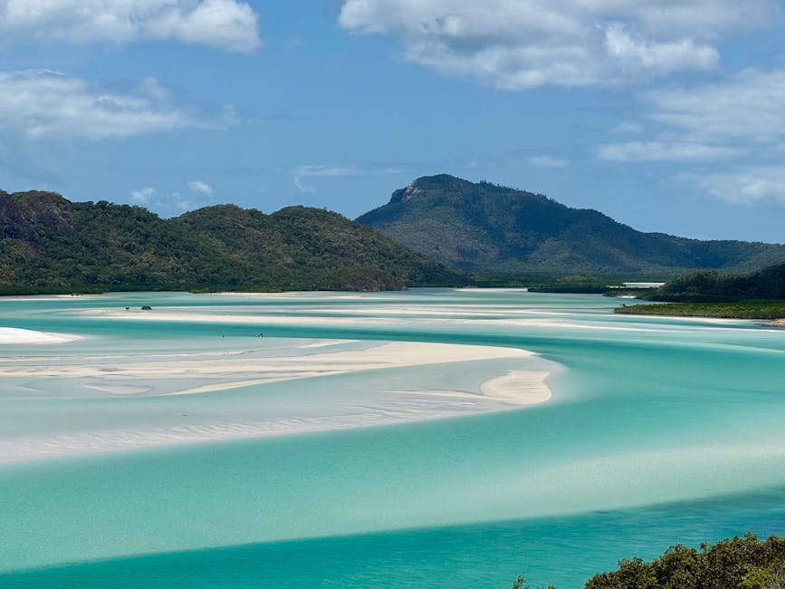 Whitsundays turquoise water and white sand under a clear blue sky
