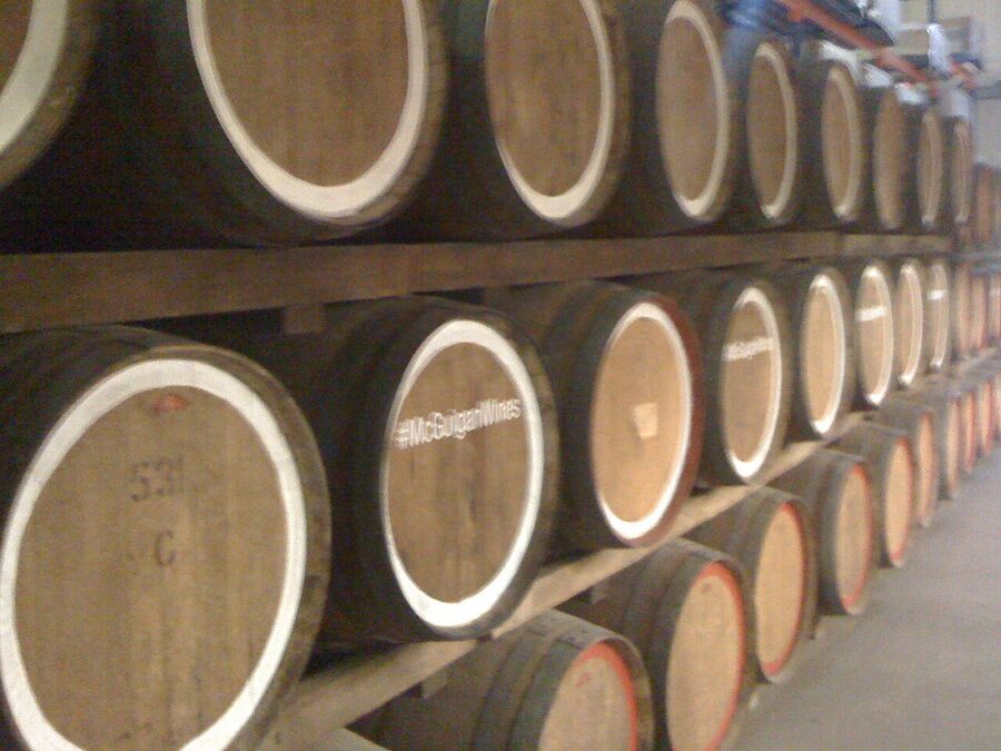 Wine barrels stacked at McGuigan Wines in Pokolbin