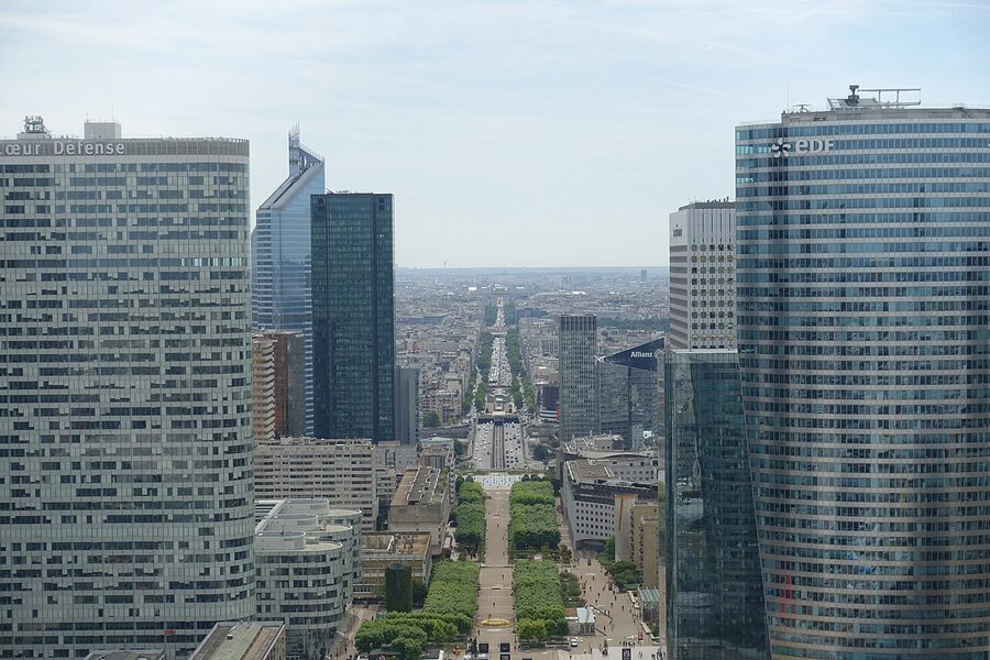 La Defense skyscrapers and Grande Arche viewed from Arc de Triomphe rooftop