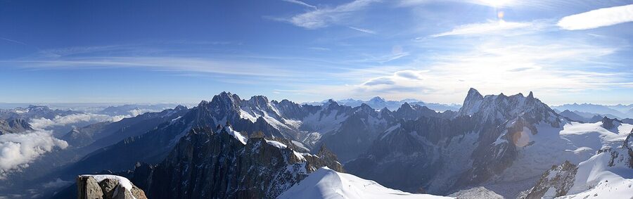 Panoramic view from Aiguille du Midi over the Aiguilles de Chamonix and Mont Blanc