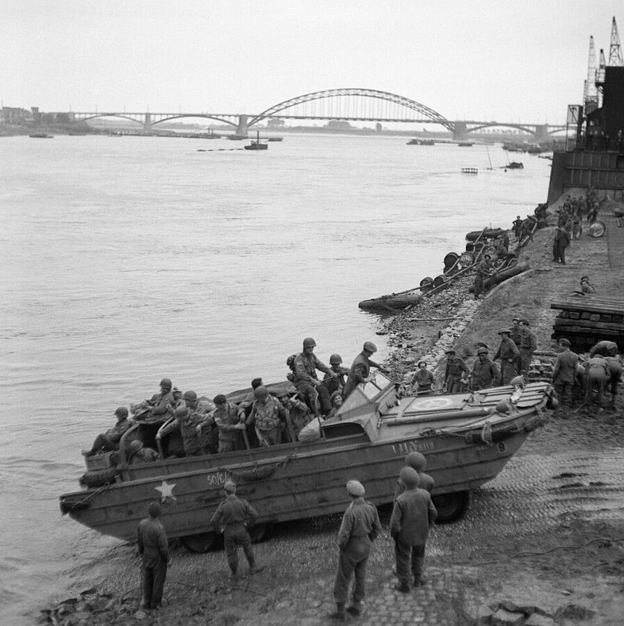 WWII DUKW carrying American paratroopers across the Waal river at Nijmegen, 1944
