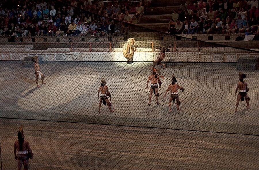 Mayan ball game recreation at Xcaret Mexico Espectacular show