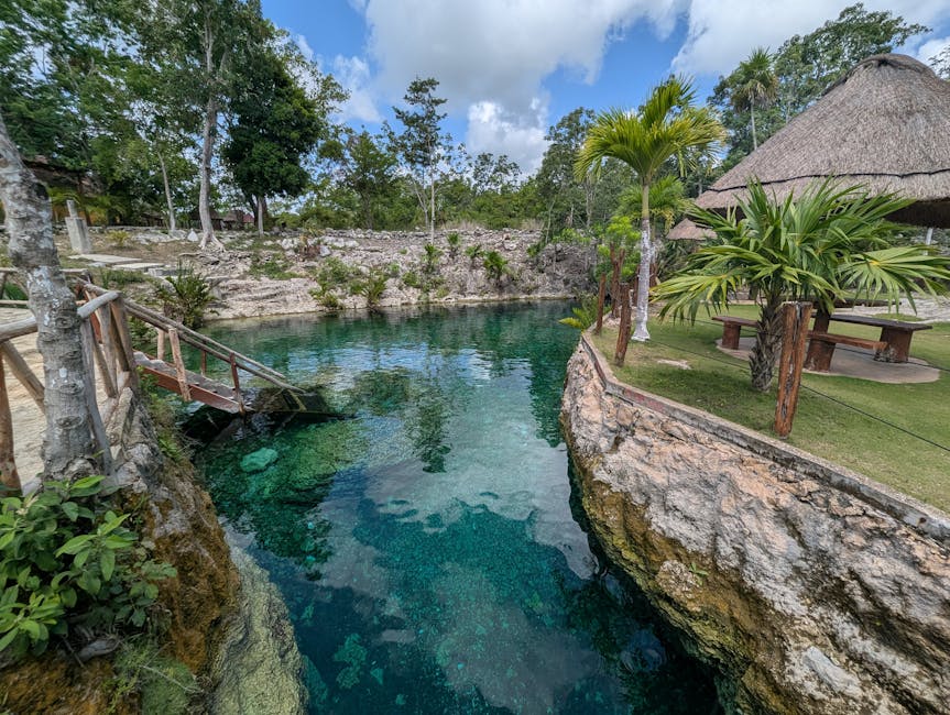 Natural limestone pool Xcaret underground river Mexico