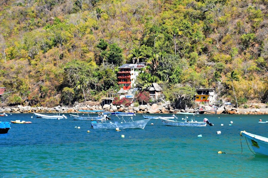 Colorful boats anchored off Yelapa with lush green hillside