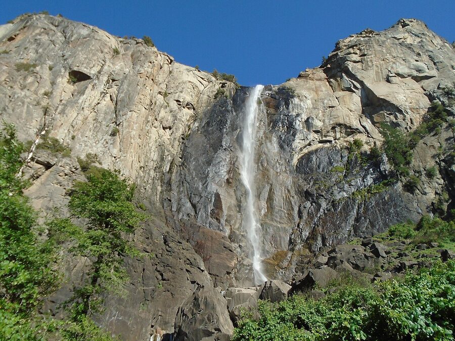 Bridalveil Fall cascading down the cliff in Yosemite Valley