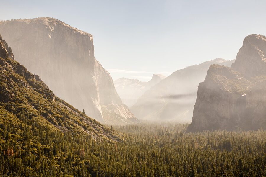 El Capitan emerging from morning fog in Yosemite Valley