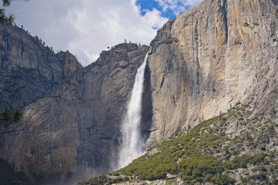 Yosemite Falls cascading down the cliff in full flow
