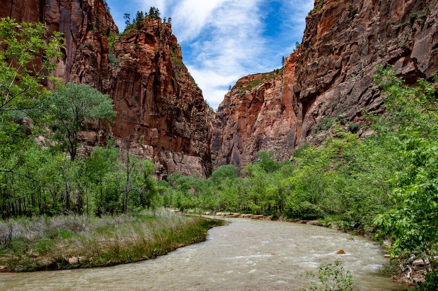 Zion National Park majestic canyon with flowing river and greenery