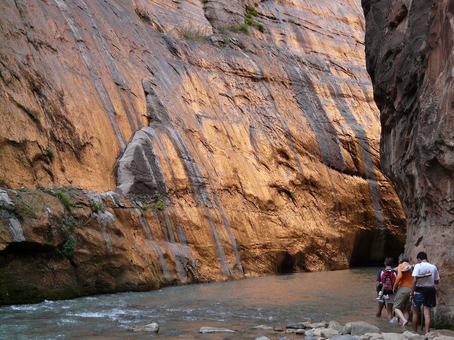 The Narrows canyon in Zion National Park with flowing water