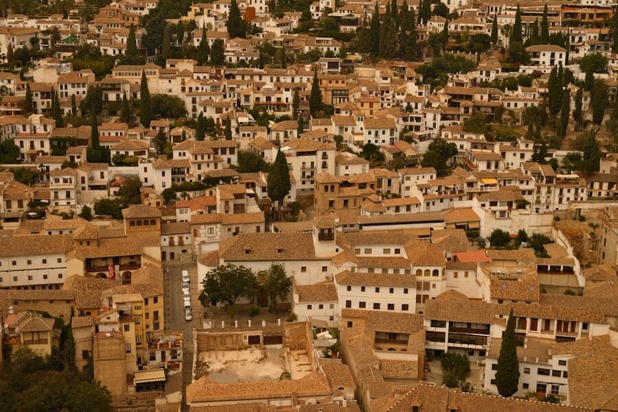 Aerial of the Albaicin in Granada showing whitewashed houses