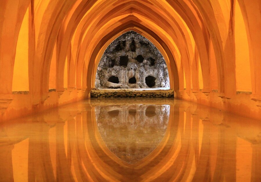 Orange tree reflected in water at Alcazar Seville