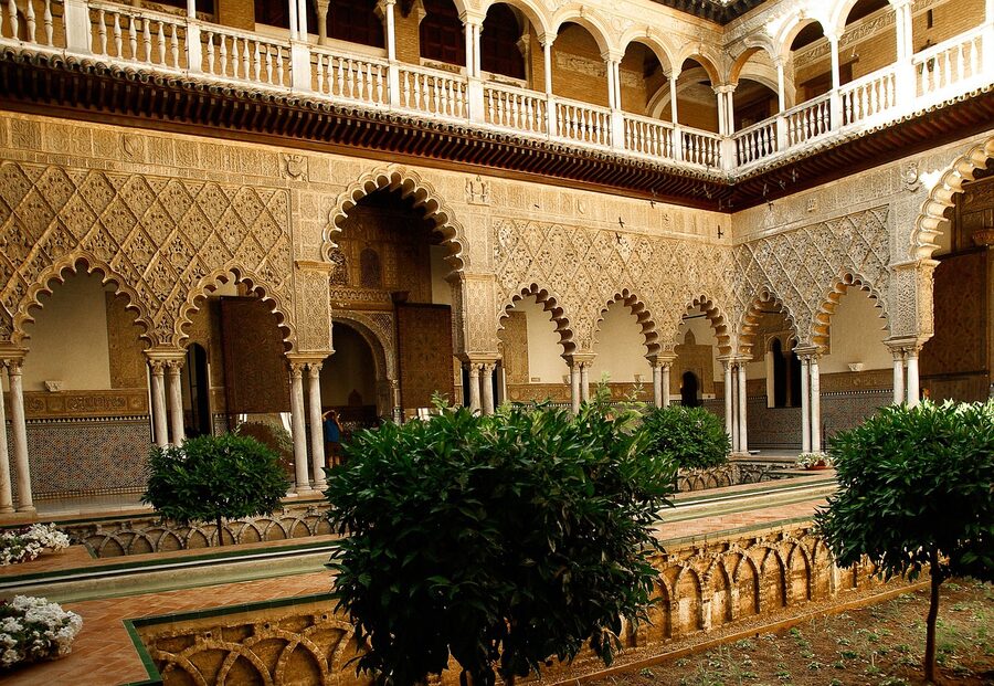 Stone columns and arches at Alcazar Seville patio
