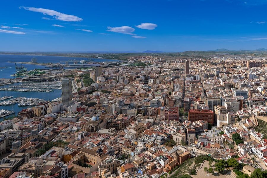 Aerial view of Alicante with the harbor and Mediterranean Sea