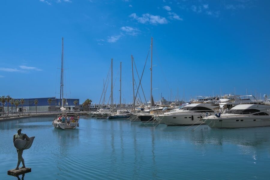 Marina in Alicante with sailboats and statue