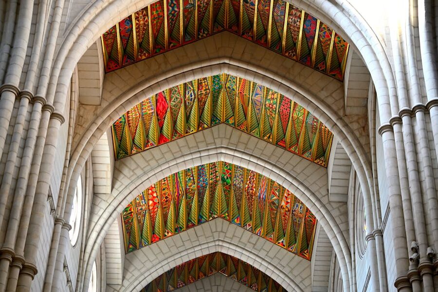 Colorful patterned ceilings of Almudena Cathedral in Madrid