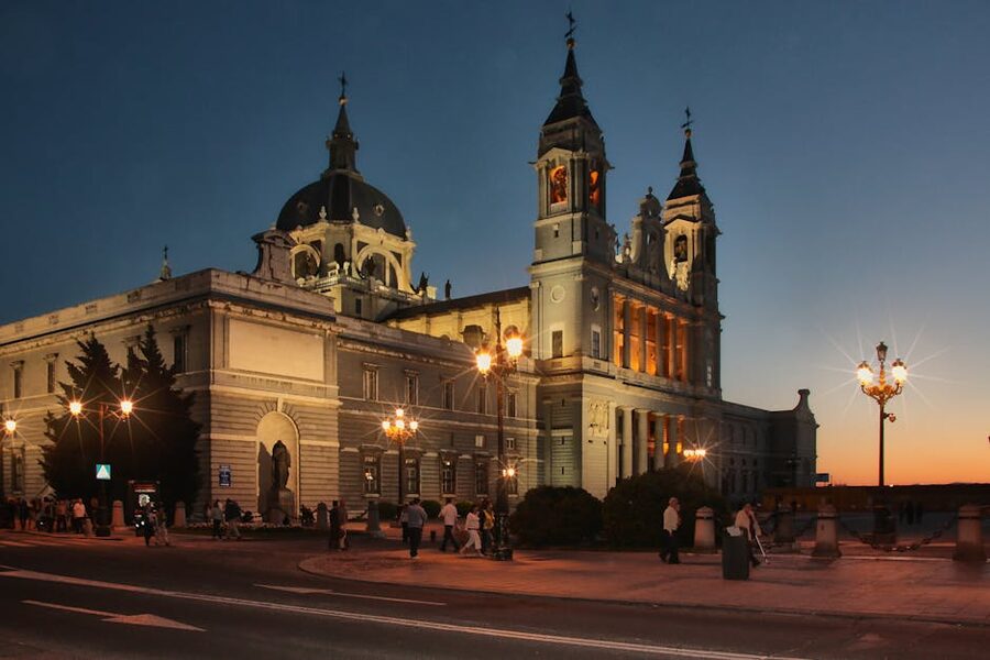 Evening view of Almudena Cathedral Madrid