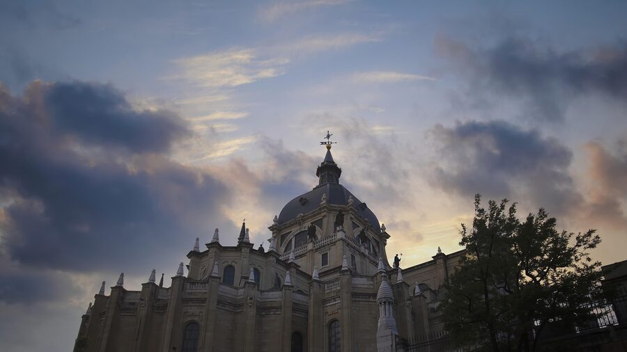 Almudena Cathedral night sky with clouds Madrid