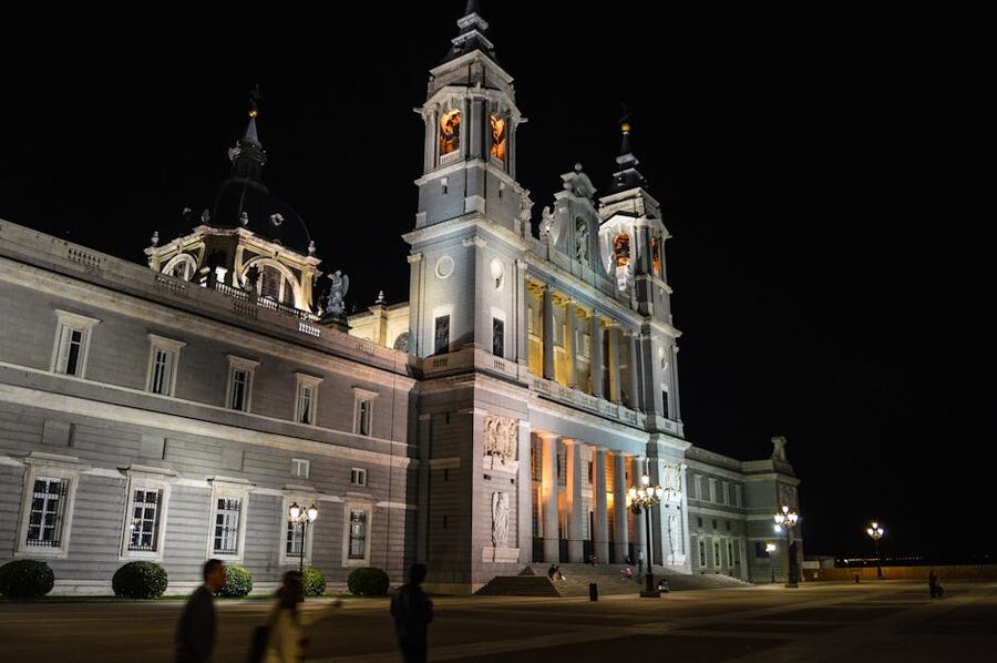 Almudena Cathedral illuminated at night Madrid