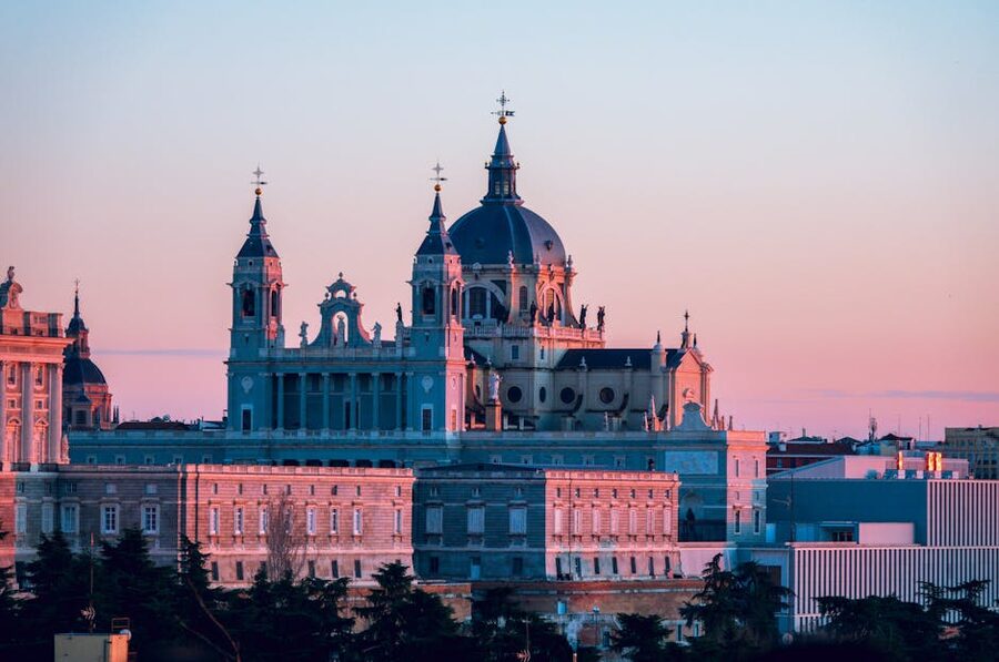 Almudena Cathedral at sunset Madrid skyline