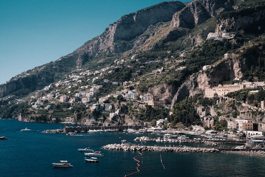 Aerial view of the Amalfi coastline with cliffside buildings