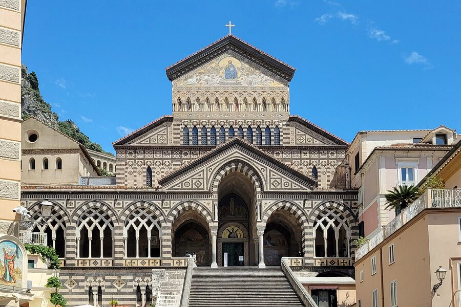 Amalfi Cathedral Duomo facade with striped marble and mosaics