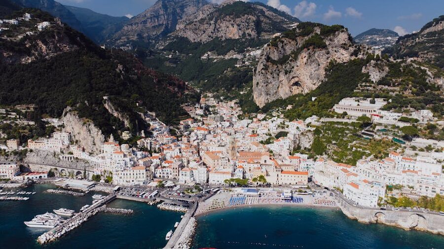 Aerial view of Amalfi town and harbor