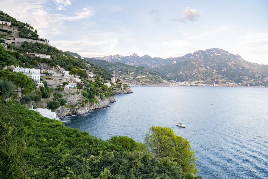 Panorama of the Amalfi coastline with cliffs and sea