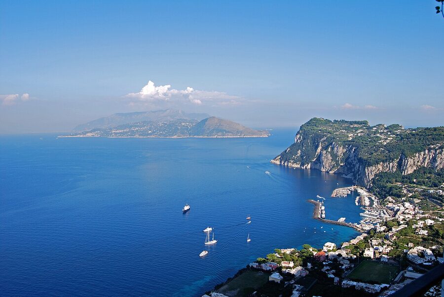 Villa San Michele in Anacapri with white columns and Mediterranean view