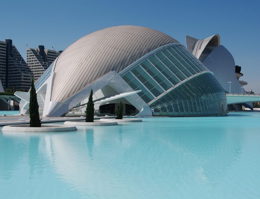 City of Arts and Sciences Valencia at night with blue lighting